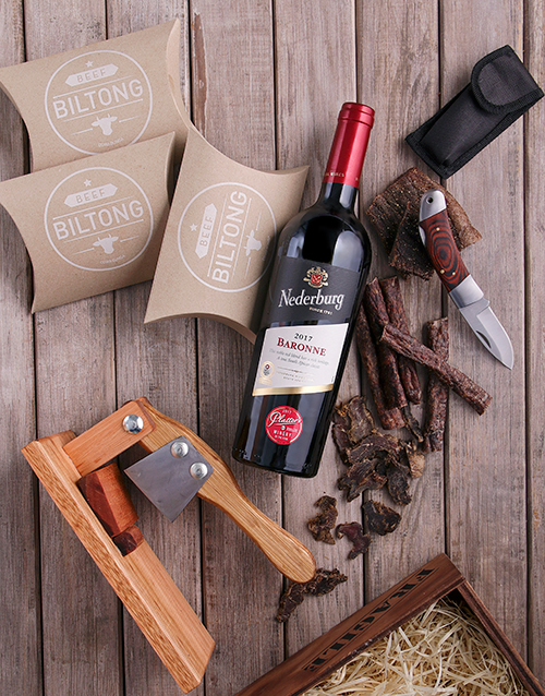 Red Wine & Biltong Essentials Gift Crate - Hamperlicious